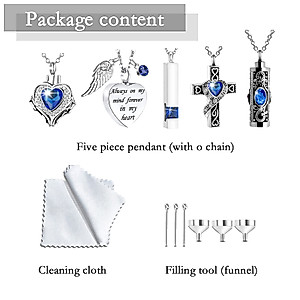 Cremation Urn Necklace for Ashes set of 5 -Crystal Heart Cremation Jewelry Memorial Jewelry for Ashes of Loved Ones Keepsake Urn for Human Ashes Pendant Necklace for Women Men (Blue 5 Pcs)