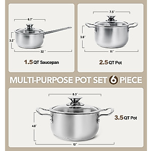 Michelangelo Stainless Steel Pot Set, 6 Piece Small Sauce Pot, 1.5qt & 2.5qt & 3.5qt Saucepan with Lids, Works with Induction, Electric and Gas Cooktops, Oven Safe