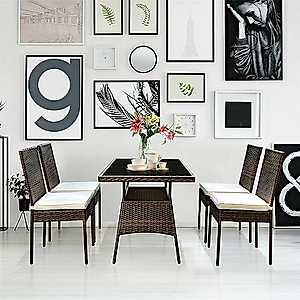 ZHYHSM-111 5 PCS Patio Rattan Dining Set Glass Table High Back Chair Garden Deck Mix Brown