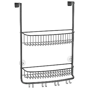 mDesign Extra Wide Stainless Steel Bath/Shower Over Door Caddy, Hanging Storage Organizer 2-Tier Rack with Hook and Basket, Holder for Soap, Shampoo, Loofah, Body Wash, Omni Collection, Graphite Gray