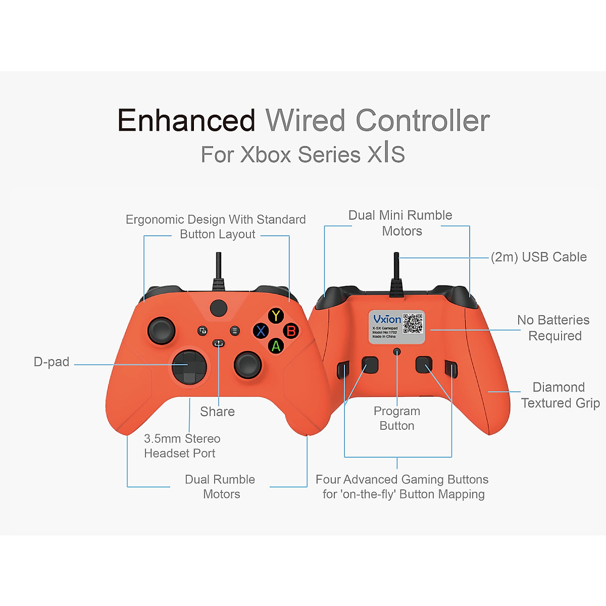 VISIONHMD Enhanced Wired Controller for Xbox Series X|S With 4 Remappable Buttons, 4 Motor Vibration sand 3.5mm Stereo Headset Jack, Compatible with Xbox One and PC/Laptop Windows7/8/10-Red