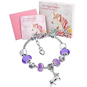 Zhanmai Unicorn Sparkly Crystal Charm Bracelet Bangle with Gift Box Set for Hers Lady