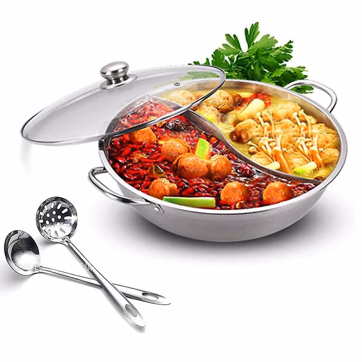 Shabu Shabu Hot Pot. 304 Premium Stainless Steel Hot Plate Cookware Set Ramen Cooker, Hot Pot Soup Base Korean BBQ Multi Cooker Stainless Steel Pot Set, 11"(28cm) Pot with Divider