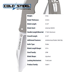 Cold Steel Code 4 3.5" S35VN Razor-Sharp Clip Point Blade 5" 6061 Aluminum HandleFolding Knife w/Tri-Ad Lock, Boxed