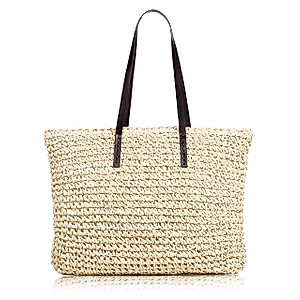 COOKOOKY Straw Beach Bag Summer Handmade Woven Shoulder Tote Bags Purse for Women (Square Khaki Bag)