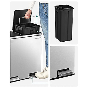 SONGMICS Trash Can, 2 x 6.3-Gallon (2 x 24L) Dual Garbage Can, Pedal Recycle Bin with Lids and Inner Buckets for Small Kitchens, Stainless Steel, Soft Closure, Airtight, Silver ULTB48NL