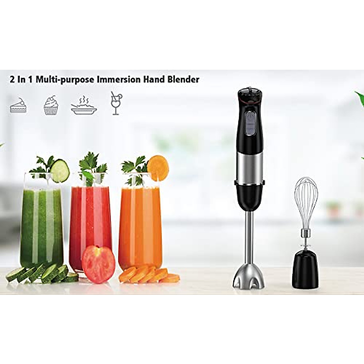 Hand Blender for Kitchen, 500W Immersion Blender 2-in-1 with 6 Speeds and Turbo Setting, Handheld Mixer with Stainless Steel Blades for Smoothie, Baby Food, Sauces, Puree, Soup, BPA Free, Black