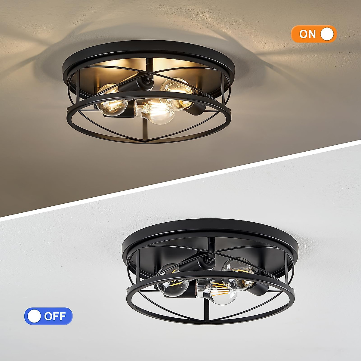 VIOLOEMI Farmhouse Light Fixtures, Black Round Metal Flush Mount Ceiling Light, 3-Light Cage Ceiling Lamp for Kitchen, Foyer, Bedroom, Hallway（Bulbs Not Included）