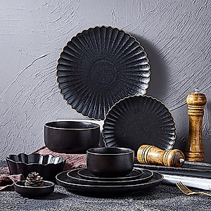 GagalU Party DinnerwareKitchen Tableware Set,Ceramic Dinnerware Set, 15 Pcs Matte Black Retro Plates and Bowls Set- Irregular Edge Dinner Sets, Service for 4