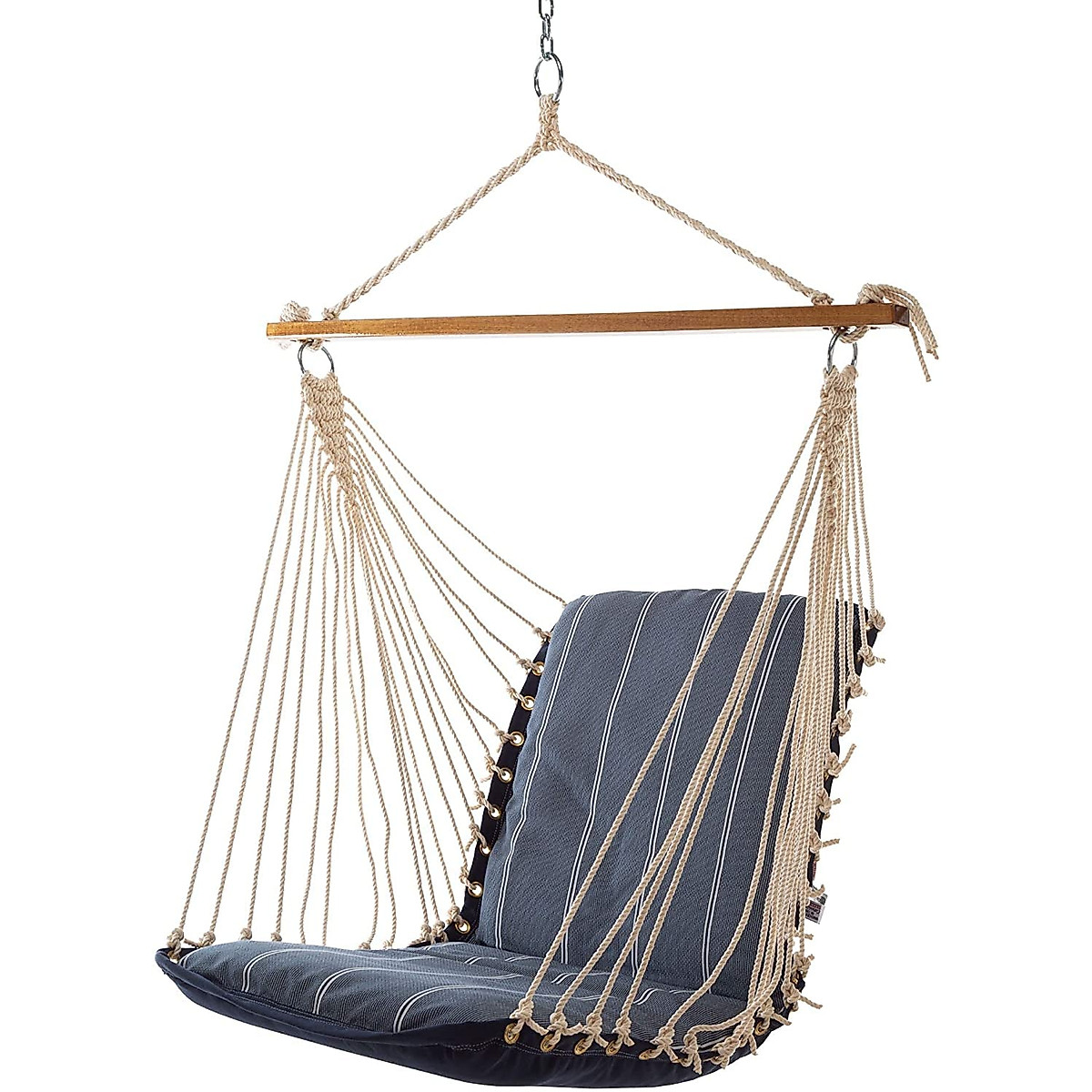 Original Pawleys Island Sunbrella Cushioned Single Swing in Equal Ink with Oak Spreader Bar, Handcrafted in The USA, 350 LB Weight Capacity, 24 in. L x 24 in W x 24 in. D