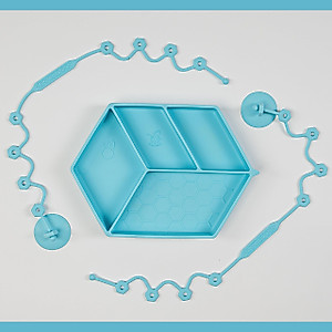 Beesilly2 Silicone Baby Suction plates with Utensil Straps - BPA Free, Microwave and Dishwasher Safe Baby plates with Suction - Single Toddler Plate with Divided Sections (Blue)