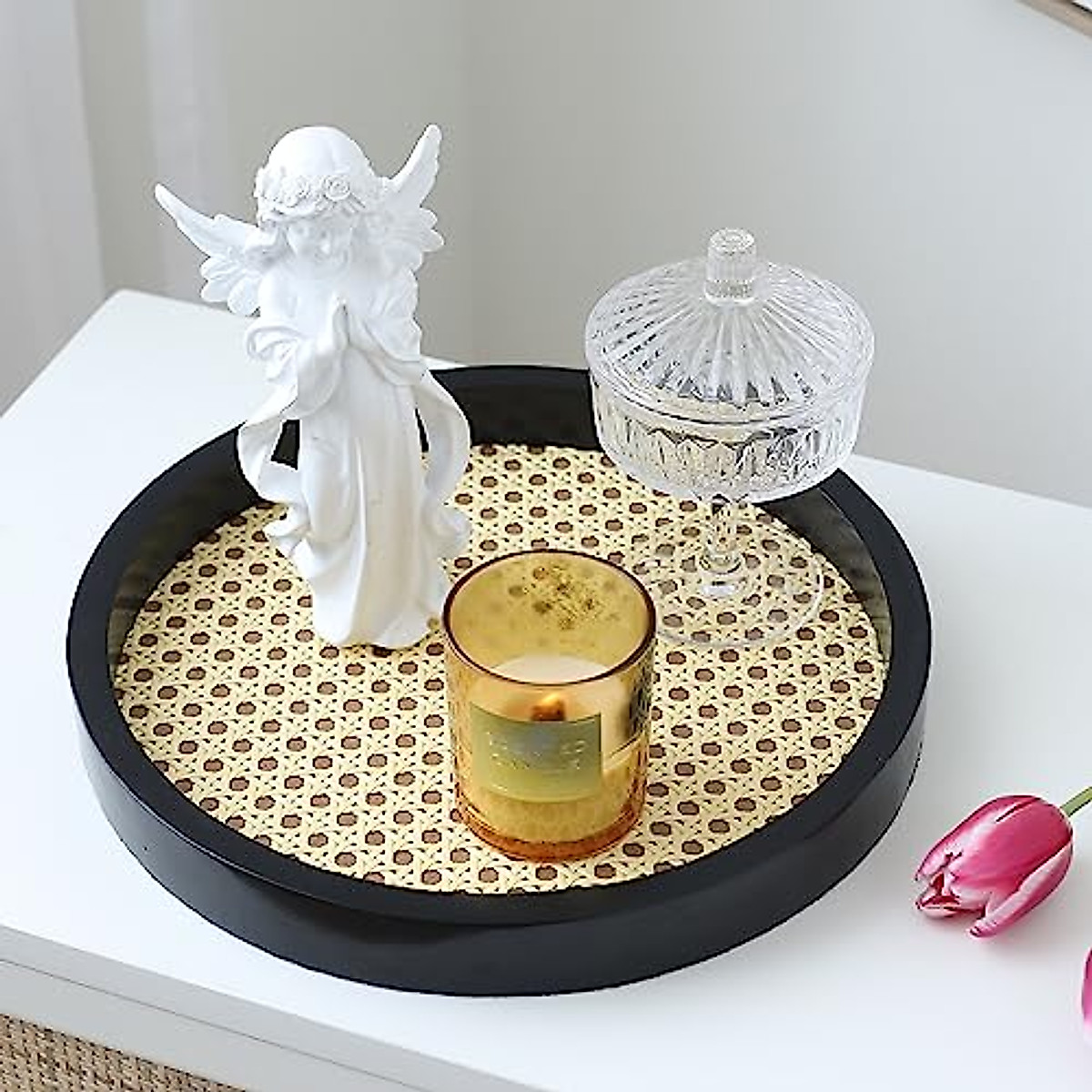 SwallowLiving Decorative Round Serving Tray with Imitated Rattan Handmade Ottoman Tray Boho Basket Wooden Black Frame Storage Tray 11.8” x 1.3“