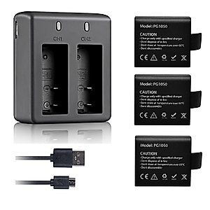 VVHOOY 3 PCS 1050mAh Rechargeable Action Camera Battery Pack Dual Battery Charger Compatible with AKASO EK7000 EK5000 Brave 4/ DBPOWER EX5000/EKEN H9/ Dragon Touch Vision 3 4K Sports Action Camera
