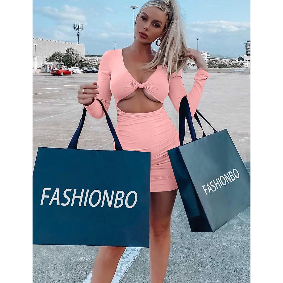 Kaximil Women's Sexy Bodycon Long Sleeve Cut Out Ruched Mini Club Party Dresses, Medium, Pink