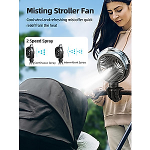 Misting Stroller Fan, 6000mAh Battery Operated Portable Fan with Light & 360° Pivoting, Personal Fan with Flexible Tripod for Baby, Office, Travel,Treadmill,Outdoors