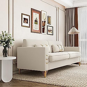 Tomkate 85.63" Modern Sofas for Living Room, Velvet Chesterfield Sofa with Two Lumbar Pillows and Gold Metal Legs, Luxury 3 Seater Sofa Couches for Living Room, Bedroom (Beige)