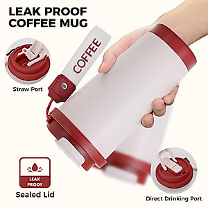 LATTPLYN Travel Coffee Mug, 18 oz Insulated Coffee Cup with Lid, Leakproof Stainless Steel Double-Wall Insulation Coffee Tumbler Cup For Hot/Ice Coffee Tea Vacuum Thermal Thermos(Beige+Red,18 oz)