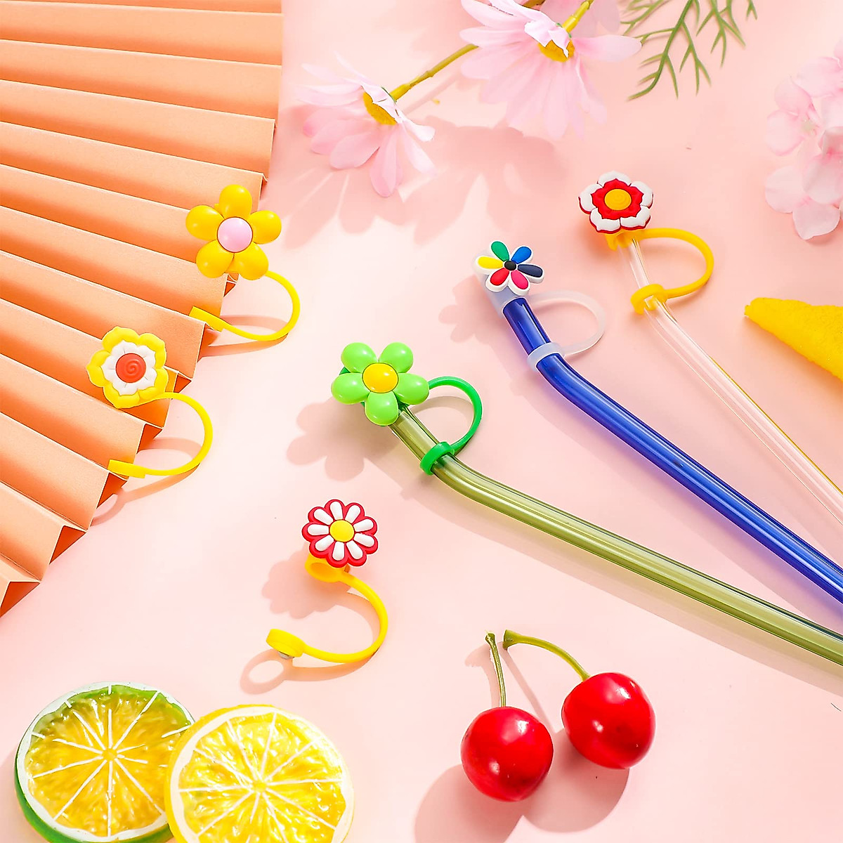 6 Pieces Straw Covers Cap Silicone Straw Tips Cover Straw Toppers for Reusable Straws Drinking Straw Lids Cute Dust-proof Straw Plug for 6-8 mm(1/4 Inch) Straw Travel Home Outdoor (Flower)