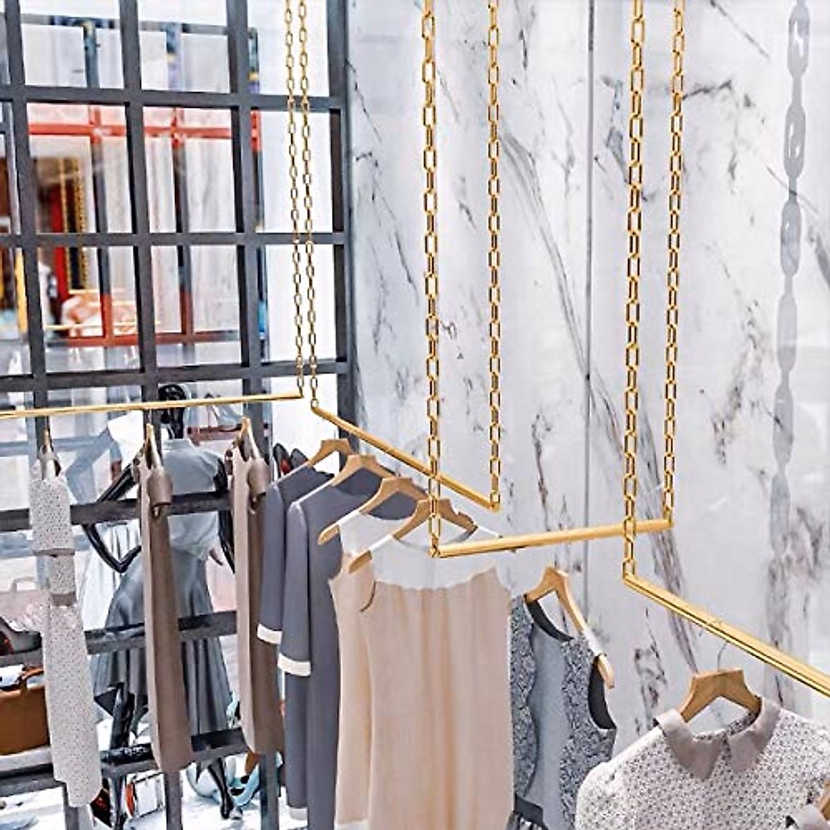 Ethemiable 2 Pcs Creative Adjustable Height Clothing Storage Chain Garment Rack, Wedding Dress Hanging Rack, Boutique Clothes Store Display Shelf, Bathroom Organization Towel Rack (Gold, 24" L)