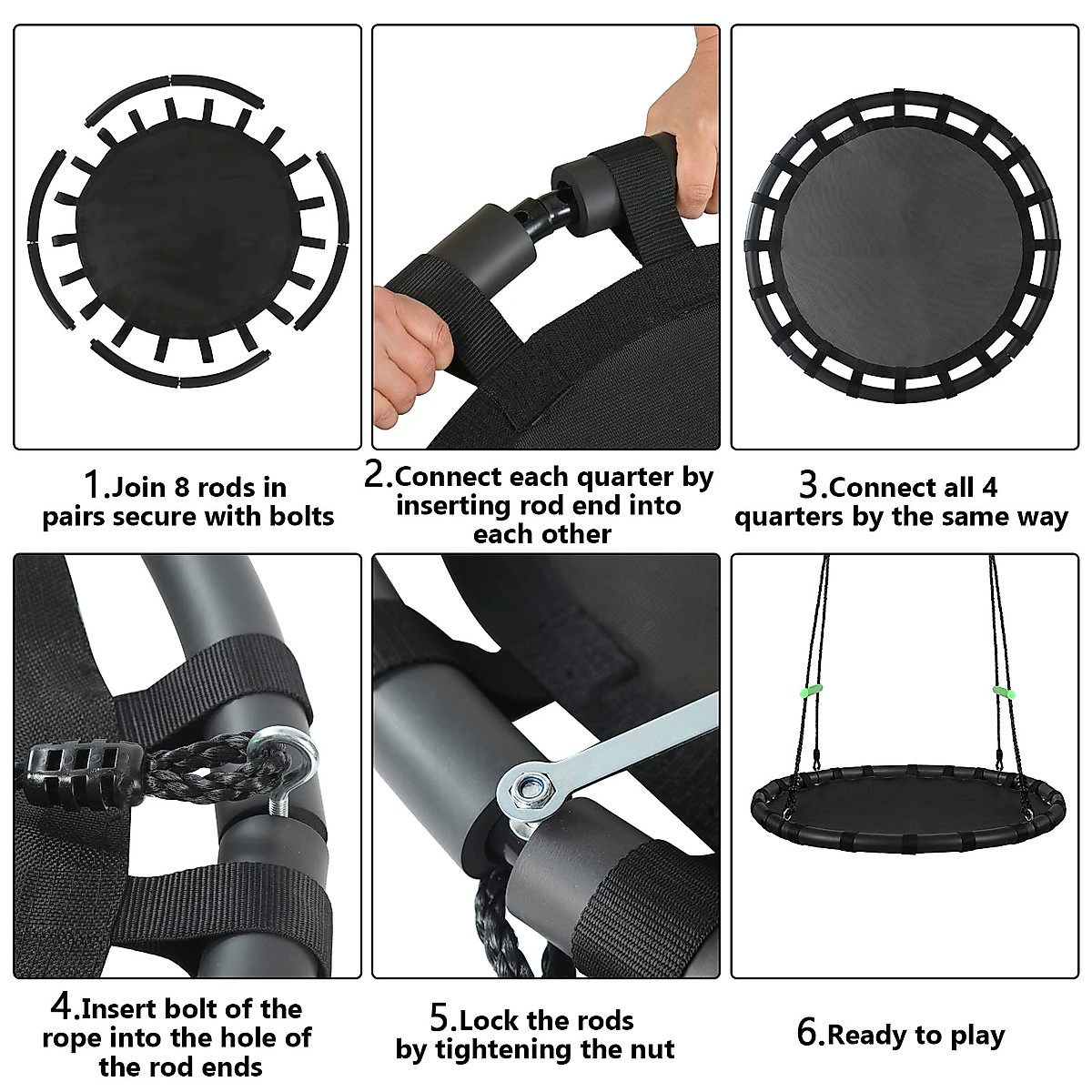 ZBZBML Tree Swing with PP Mat for Kids and Adults - Durable, Safe, and Easy to Install,Black Outdoor Saucer Swing,Flying Saucer Web Circle Swing for Yard Garden Playground Park (40 inches Diameter)