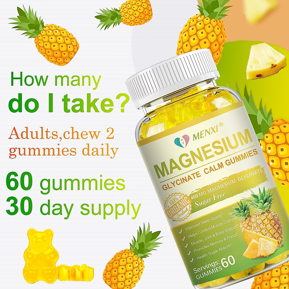 Magnesium Glycinate Gummies 400mg, Sugar Free Magnesium Taurate, Magnesium Malate Supplement with Vitamin D, B6, CoQ10 for Relaxation, Stress Relief, Muscle, Bone & Sleep Support- 60 Pineapple Gummies