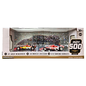 Greenlight 11581 2023 Indianapolis 500 Podium 3-Car Set #2 Josef Newgarden, 8 Marcus Ericsson, 14 Santino Ferrucci 1:64 Scale Indy 500 in Diorama Display Box