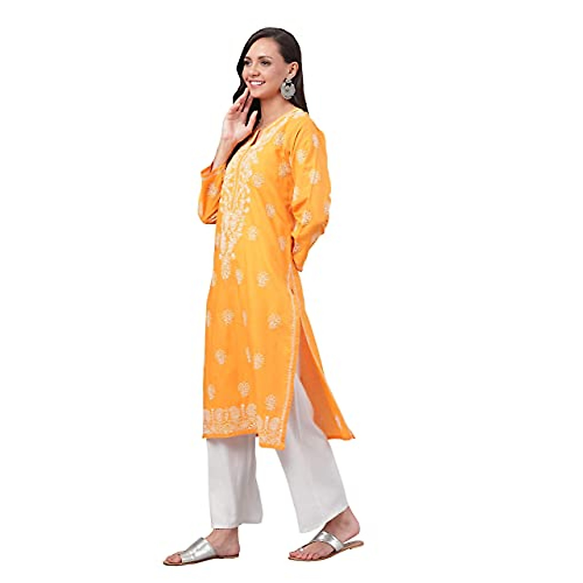 Ada Traditional Handcrafted Indian Chikankari Women's Cotton Kurta Kurti Tunic XS196540 Mustard
