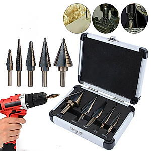 5 Pcs Step Drill Bits Set, Multiple Hole 50 High Steel Sizes Step Drill Bit Tool Set W/Aluminum Case