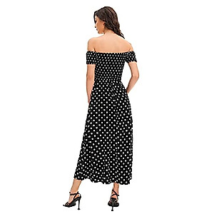 Floerns Women's Boho Floral Print Off Shoulder Split Long A Line Dress Black White Dots S
