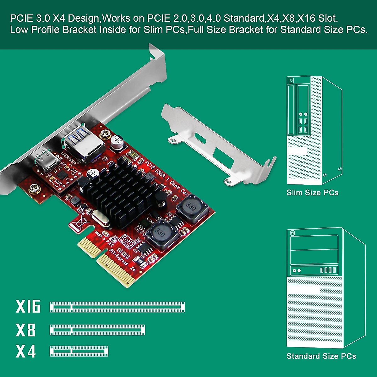 PCIE to USB 3.1 GEN2 10Gbps Card for Windows 7, 8.1, 10, 11 (32/64) and MAC OS 10.9,10.10,10.12,10.13,10.14,10.15 PCs, Built in Smart Power Control Technology, 1X USB-C and 1XUSB-A (PCE-U31AC)