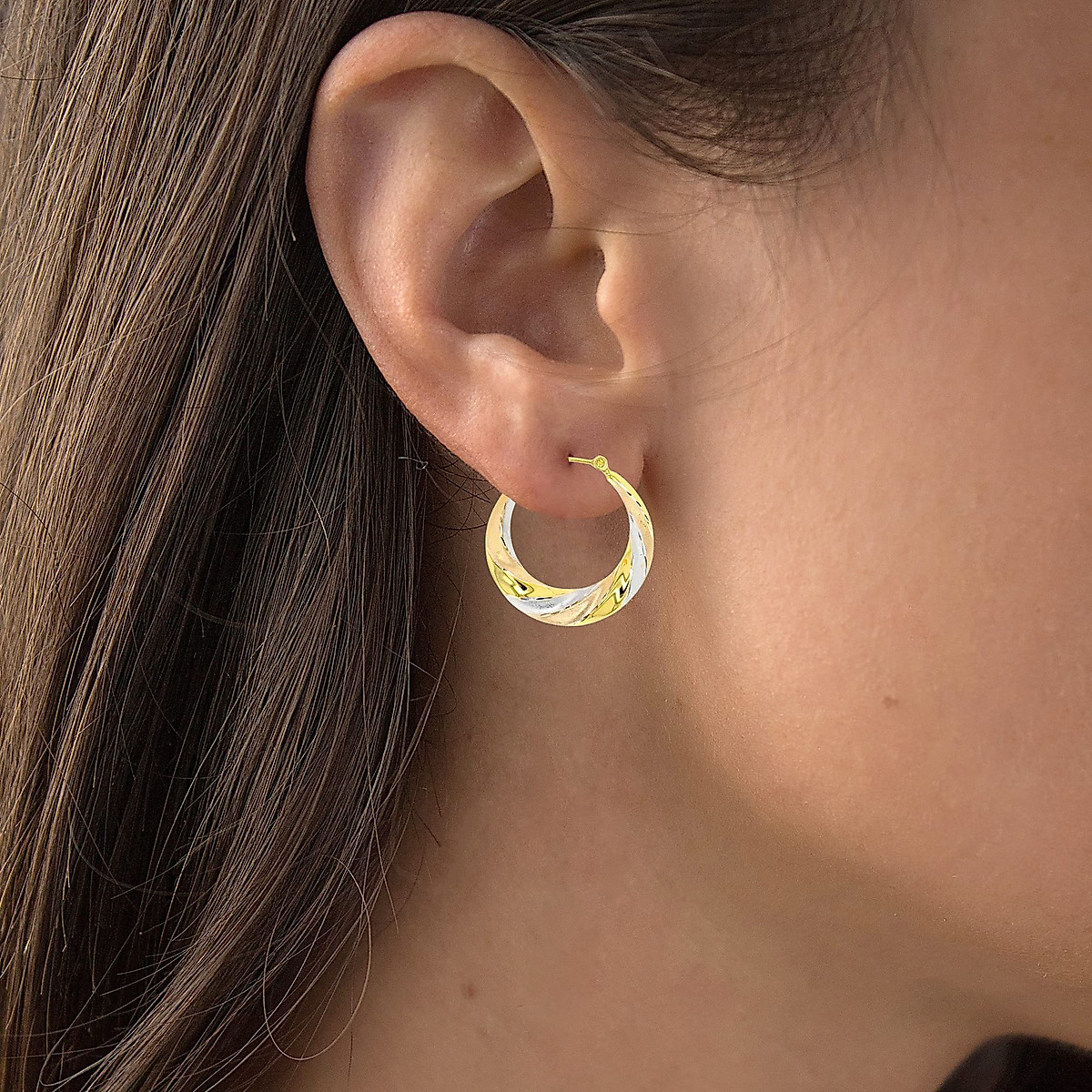 14K Tricolor Gold 3mm Thick High Polished Swirl Hoop Earrings with Hinged Clasp | 3x25mm Hoop | Swirl Earrings | Solid Gold Earrings For Women