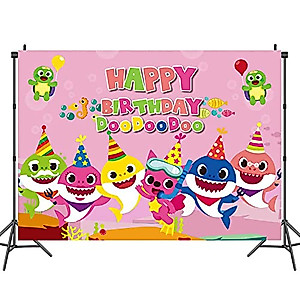 GRATULON Babe Shark Party Supplies for Birthday Decorations, Gratulon Vinyl Light-Weight Babe Shark Backdrop for Baby Shower and Kids’ Bedroom Wall Sticker Décor Pink 32”X50”