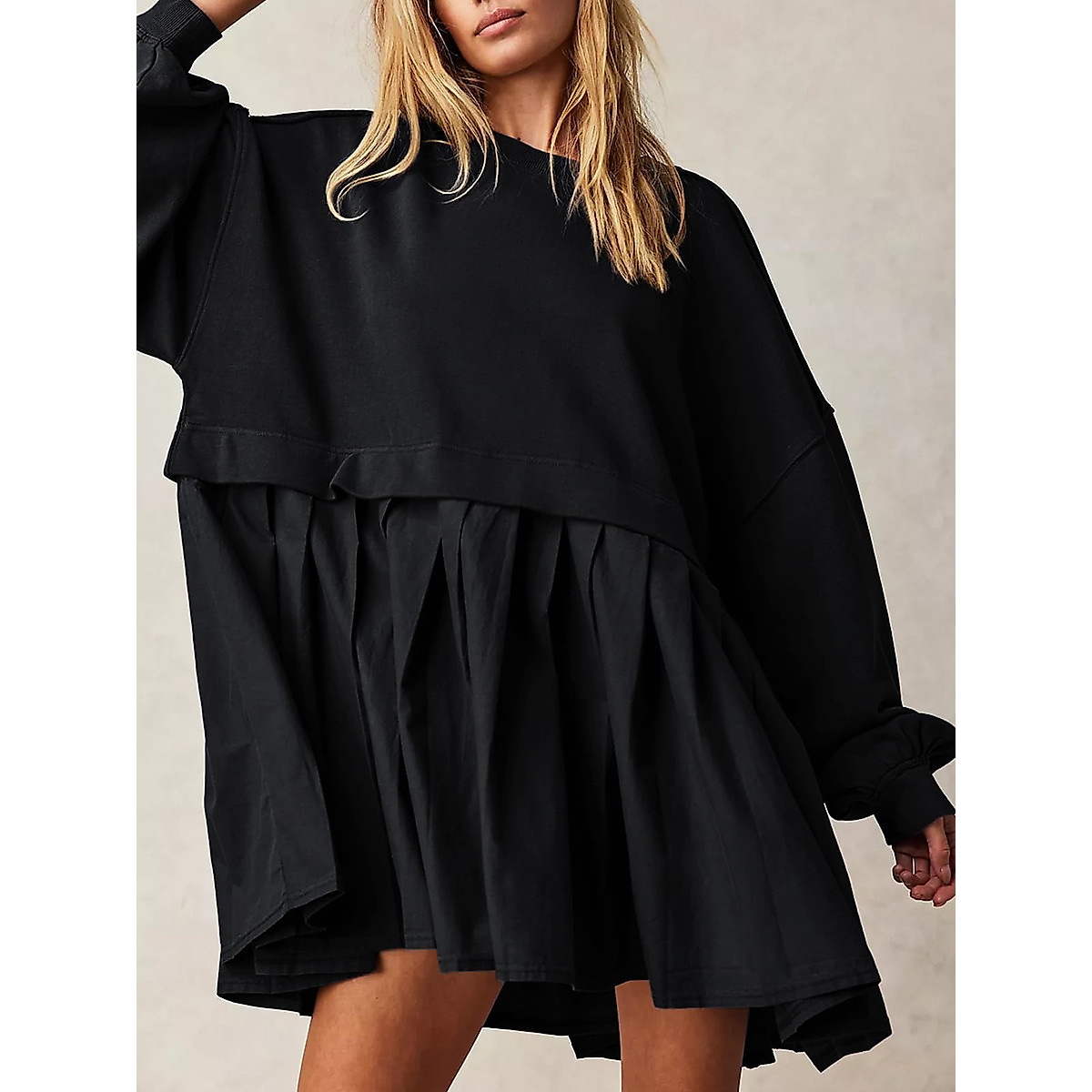Dokuritu Sweatshirt Dress Women Crew Neck Long Sleeve Patchwork Pullover Tops Flowy Oversized Sweatshirt Mini Dress Black