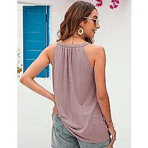 ClearFlower Barbie Tank Top for Women Loose Fit High Neck Sleeveless Halter Tops Casual Pleated Eyelet Summer Flowy Cami Shirts Blouse Deep Pink M