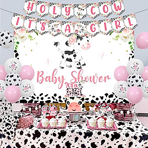 Pink Cow Baby Shower Decorations - Pink Cow Baby Shower Backdrop, Holy Cow It’s a Girl Banner, Cow Theme Cake Cupcake Toppers, Cow Print Balloons for Farm Animal Cow Themed Baby Shower Decorations