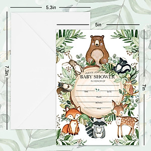 Whaline 25 Sets Woodland Baby Shower Party Invitations with Envelope Stickers Watercolor Forest Animal Greenery Invitation Cards Blank Invites for Baby Shower Birthday Party Supplies, 5 x 7 Inch