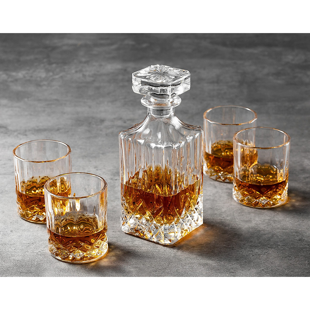 Verolux Whiskey Decanter Set with 4 Glasses in Gift Box, Unique Anniversary Housewarming Birthday Gifts for Men Dad Husband Boyfriend, for Bourbon Whiskey Liquor Scotch Gin Rum Tequila Vodka Brandy
