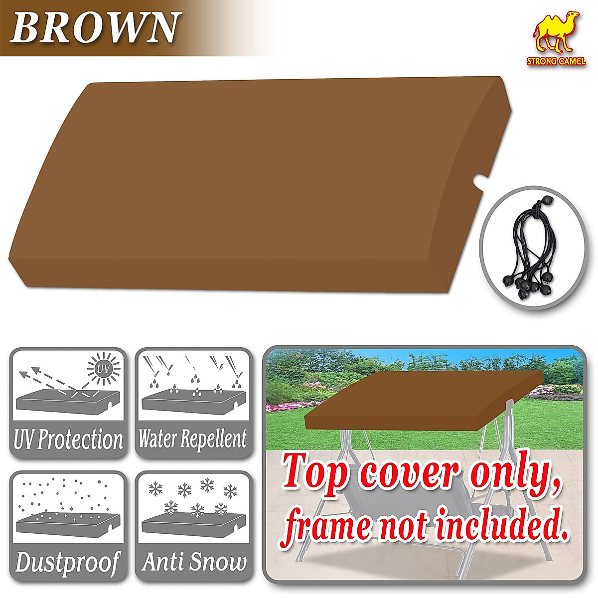 Strong Camel 76"x51" Patio Swing Top Replacement Canopy for Swing Seat 3 Seater Sizes Garden Hammock Outdoor Garden Porch Yard Canopy with Ball Bungees