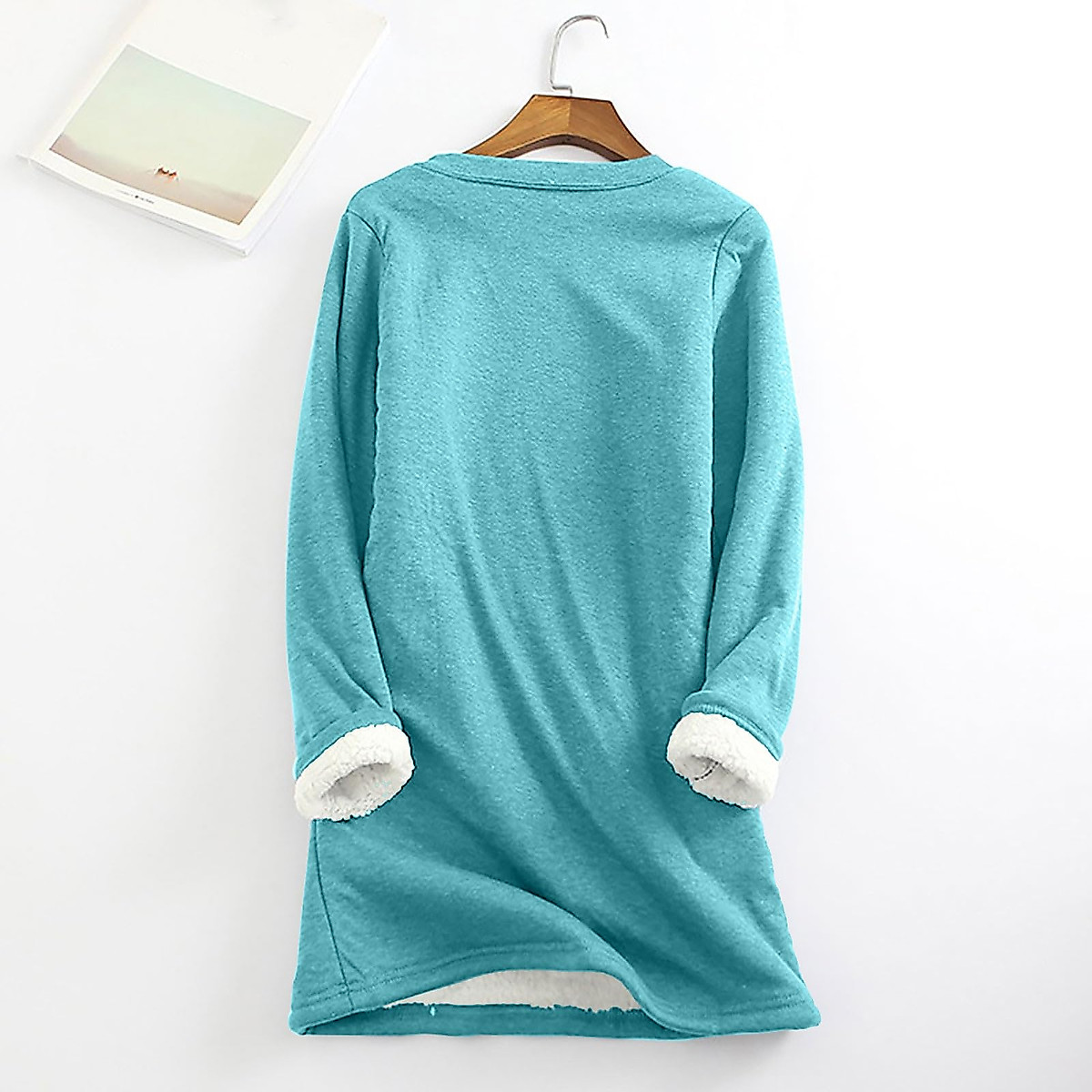 warehouse Women 2023 Fleece Lined Shirts Casual Long Sleeve Sherpa Warm Tops Round Neck Plus Size Solid Comfort Underwear Light Blue L
