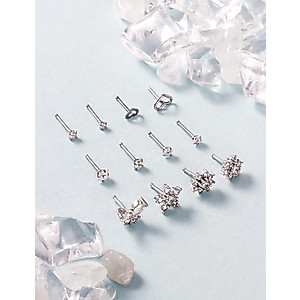 20G Flower Nose Rings for Women 316L Surgical Stainless Steel L Shaped Nose Studs Screw Bone butterfly Nose Rings Heart-Shaped Nose Studs Nostril Piercing Diamond CZ 2mm 2.5mm 3mm Silver 12pcs