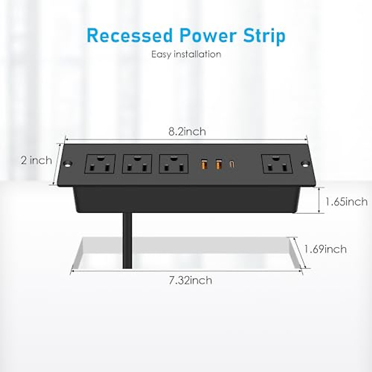 Type-C Recessed Power Socket, 20W PD Fast Charging USB-C QC3.0 3A USB-A Power Strip, Plug in 4 Outlets & 2 USB-A Ports &1 USB-C Port,Connect Flat Plug 6.5ft Extension Cord Black