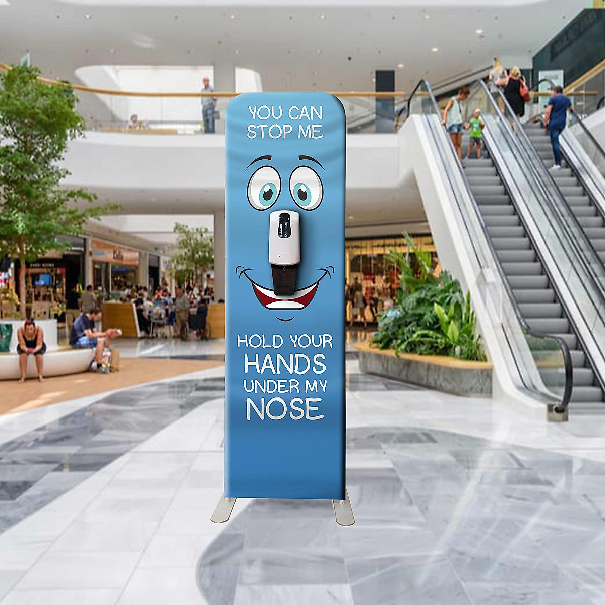 BannerBuzz Hand Sanitizer Automatic Dispenser Floor Stand Kit Touchless Machine Hold Your Hands Fabric Banner+ Stand for Hospital, Home, School, Office - 2 X 6.5 Ft (Single Side Graphic Print)