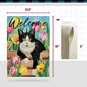CMEGKE Spring Garden Flag, Spring Cat Garden Flag, Tulip Spring Summer Vertical Double Sided Burlap Welcome Black Cat Floral Holiday Party Rustic Farmhouse Yard Home Outdoor Decoration 12.5 x 18 In
