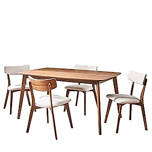Christopher Knight Home Alma Mid-Century Wood Dining Set with Fabric Chairs, 5-Pcs Set, Natural Walnut / Light Beige