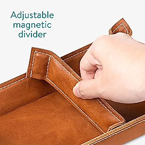 Navaris Faux Leather Tray Set - 2 Valet Organizer Trays for Bedside Table Desk with Dividers- Store Keys, Change, Wallet, Phone, Glasses - Brown