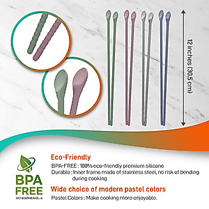 RECOHOME Reusable Long Silicone Cooking Chopsticks with Spoon 12 Inches Dishwasher Safe BPA-free Non-Slip Pastel Color Kitchen utensils Made in Korea (Pastel Grey)