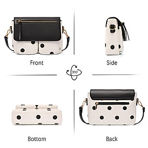 Polka Dots Small Crossbody Bags for Women, Zipper-deco Flapover Cross body Bag with 8 Compartments, Stylish Shoulder Purse, Saddle Handbags with Adjustable Strap,Christmas Gift,Leather+Canvas Black