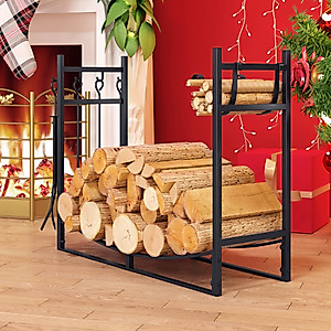 JINLLY Firewood Rack, 29.1 Inch Heavy Duty Wood Log Rack Storage Holder with Kindling Holder and 4 Tools, Outdoor Indoor Iron Fire Wood Rack Holder for Fireplace