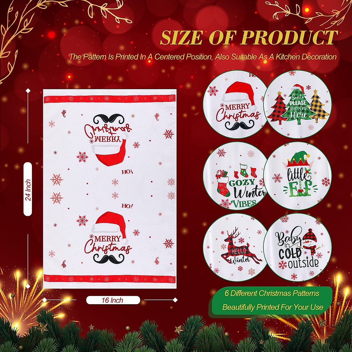 6 Pieces Christmas Hand Towels, Christmas Towels for Kitchen Towels Farmhouse Christmas Dishtowels Holiday Tea Towels for Bathroom Xmas Home Gift 16 x 24 Inch (Lovely)