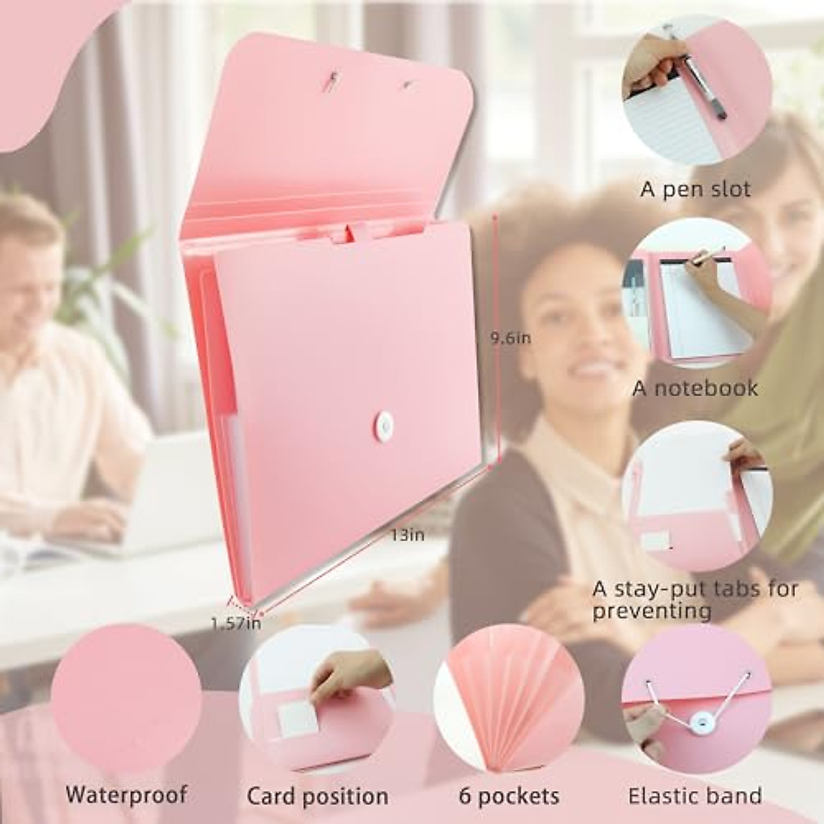 JIMEIQI Accordion File Organizer, 6 Pockets Versatile Document Organizer for Letter Size/A4 Paper/Receipts with One Notebook, Pink Expanding File Folder for Office/School/Home/Travel